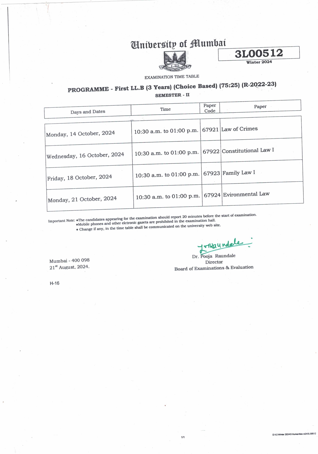 2024 Winter Semester 2 ATKT Exam Timetable - Guru Nanak Vidyak Society ...